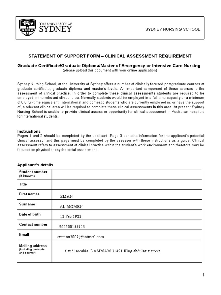 Statement of Support Form - Clinical Assessment Requirement Graduate ...
