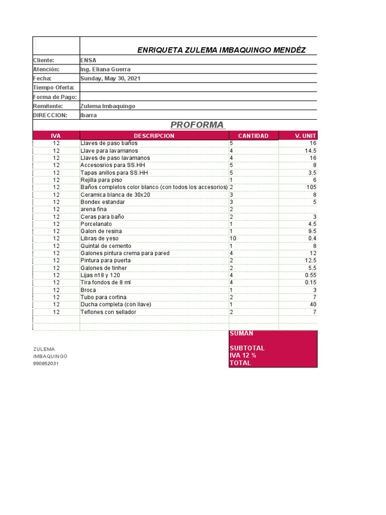 Formato Proforma | PDF | Materiales de construcción | Ingeniería hidráulica