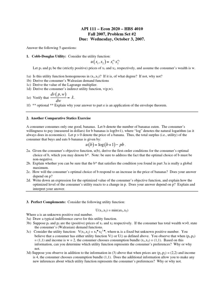 Harvard Economics 2020a Problem Set 2 | PDF | Utility | Prices