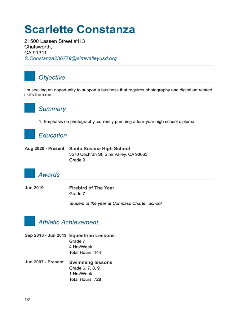 9th Grade Resume | PDF