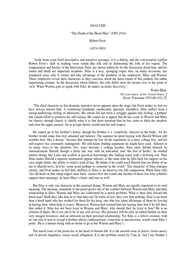 POEMS Frost, Robert The Death of The Hired Man (1914) Analysis by 2 ...