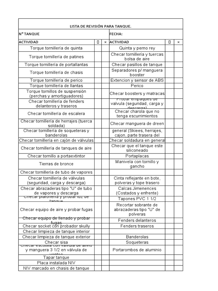 Checklist Entrega de Tanques. | PDF | Industria automotriz | Ingeniería mecánica