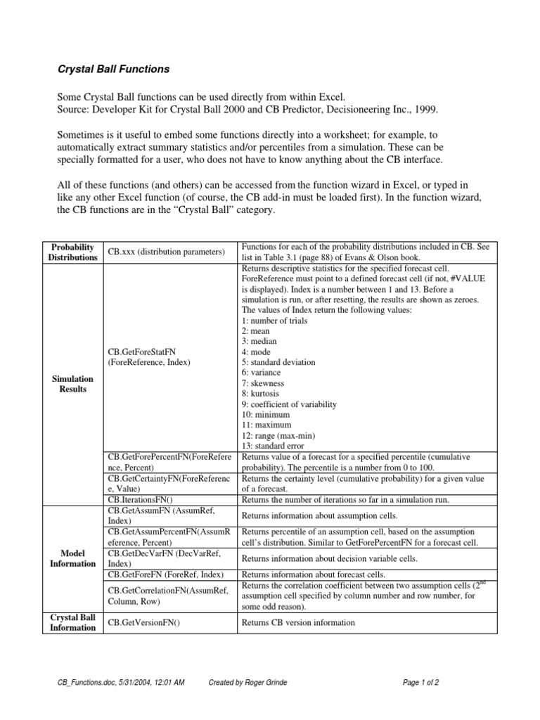 Crystal Ball - Excell Functions | PDF | Microsoft Excel | Computing