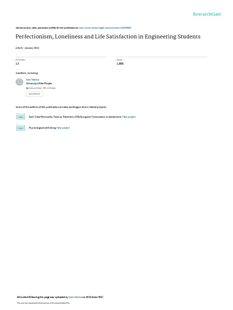 Exploring the Relationships Between Perfectionism, Loneliness, and Life ...