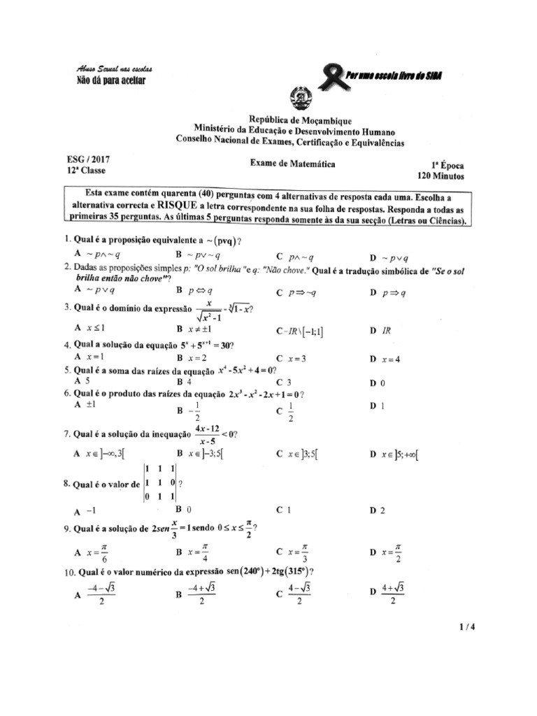 Matematica 12a Classe 2017 1a Epoca | PDF