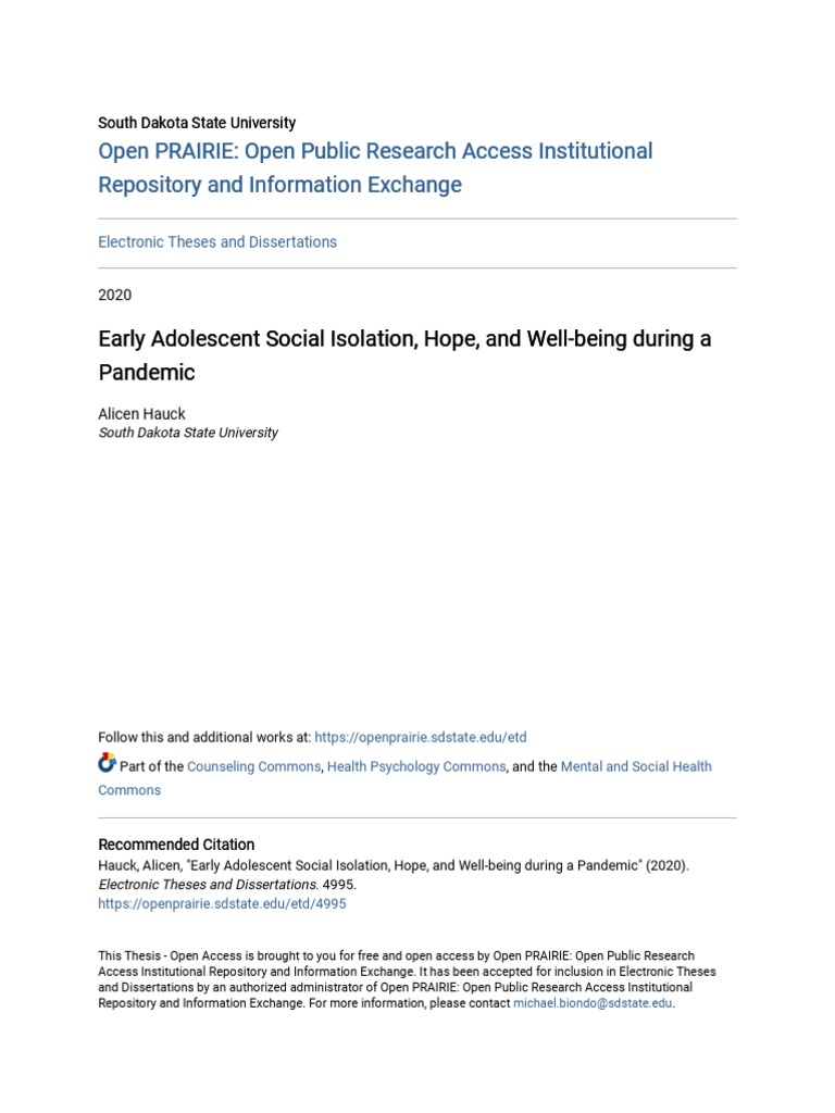 Early Adolescent Social Isolation Hope and Well-Being During A | PDF ...