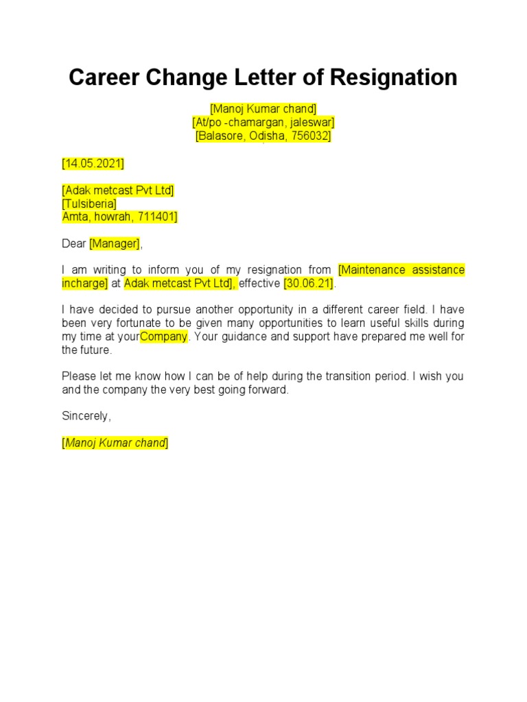 Career Change Resignation Letter | PDF