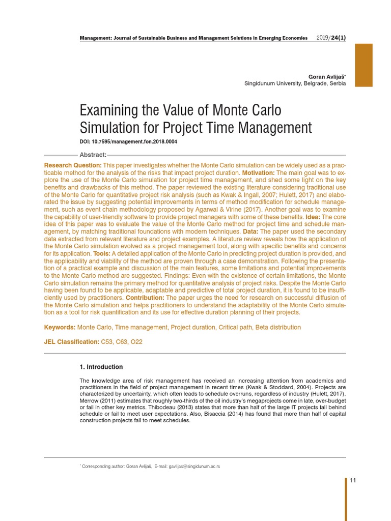 Examining The Value of Monte Carlo Simulation For Project Time ...