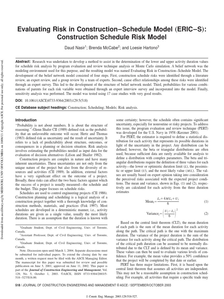 Evaluating Risk in Construction-Schedule Model Eric-S: Construction ...
