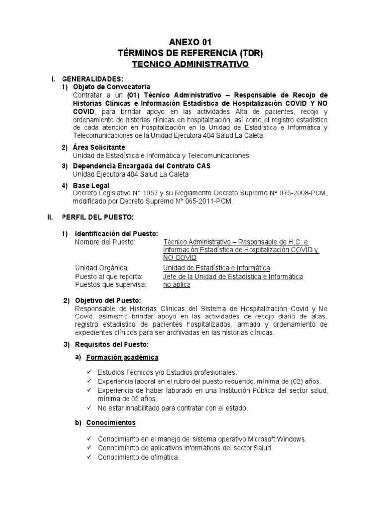 01-Formato TDR Admision V | PDF | Historial médico | Hospital