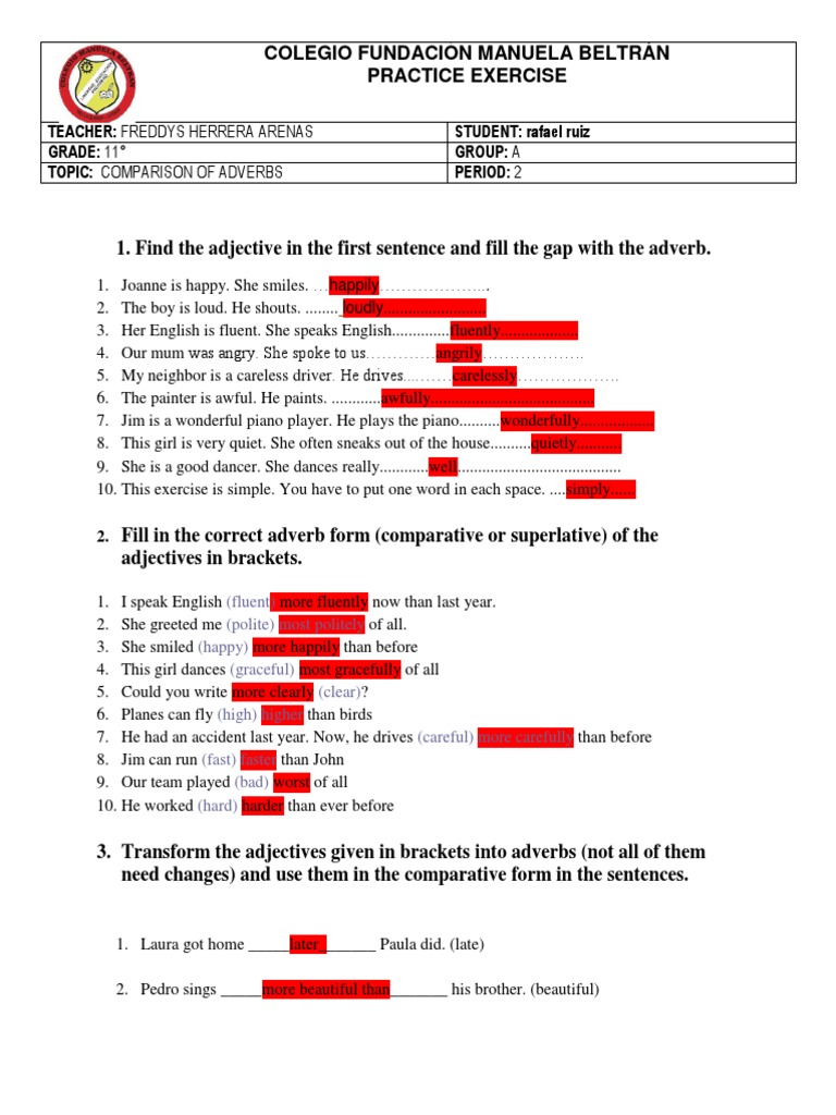 Comparison of Adverbs - Exercise | PDF | Adverb | Morphology