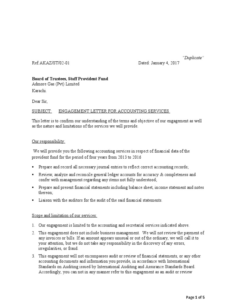 Engagement Letter To Provident Fund | PDF | Internal Control | Audit