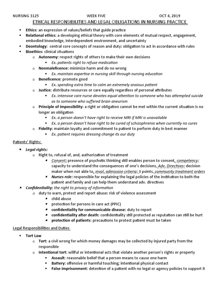 Ethical Responsibilities and Legal Obligations Nursing | PDF | Tort ...