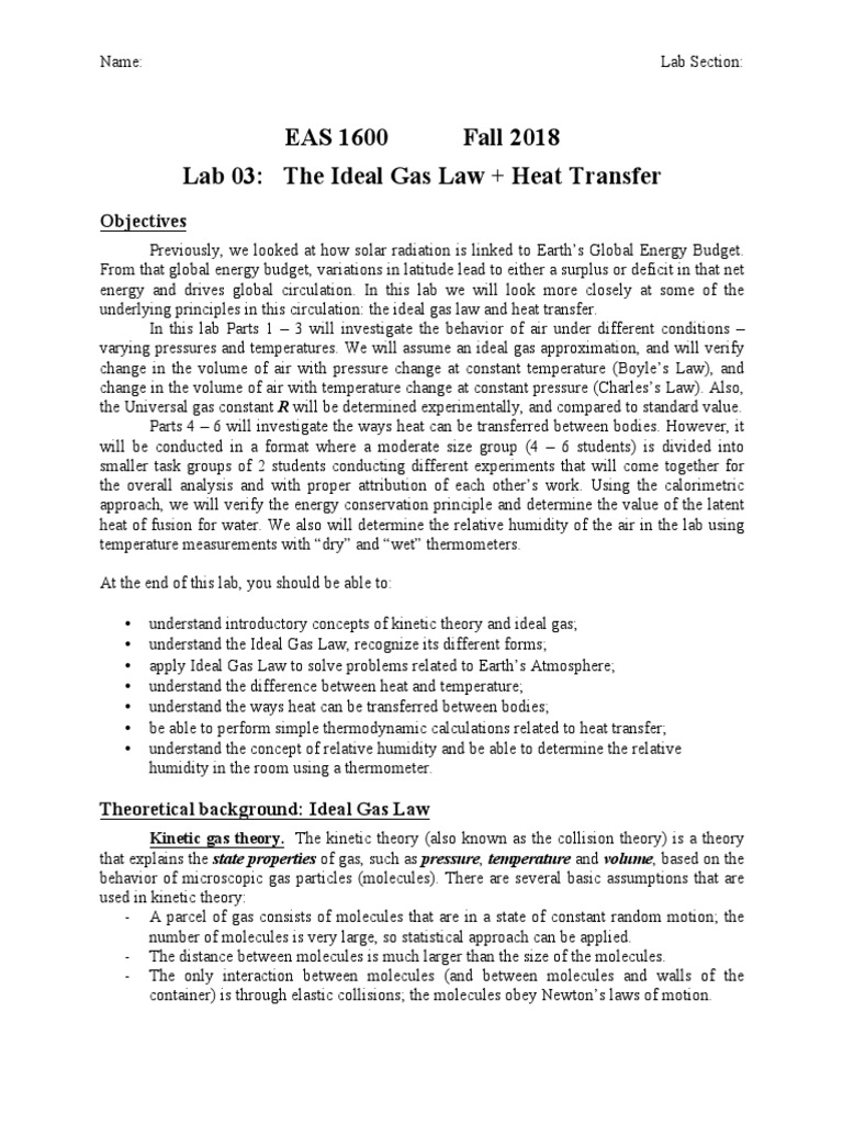 EAS 1600 Fall 2018 Lab 03: The Ideal Gas Law + Heat Transfer | PDF ...