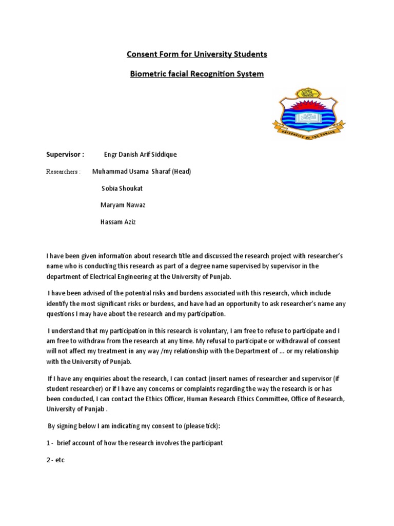 Consent Form For University Students Biometric Facial Recognition ...