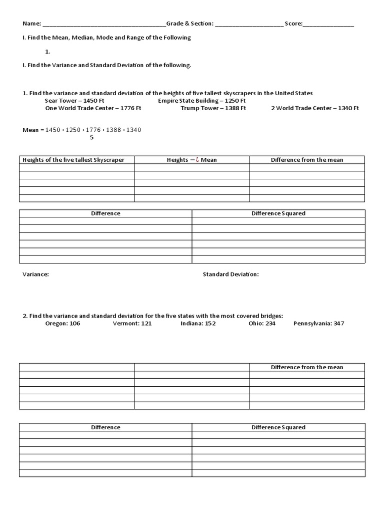 Activity Sheets For Standard Deviation and Variance | PDF