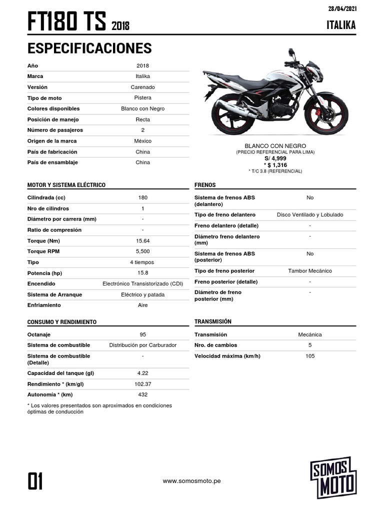 ft180 Ts 2018 - Italika - BlancoconNegro 28 04 2021 | PDF | Motocicleta | Transmisión (Mecánica)