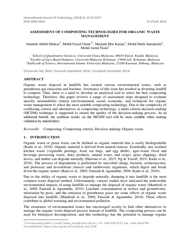 Assessment of Composting Technologies For Organic | PDF | Waste Management | Incineration