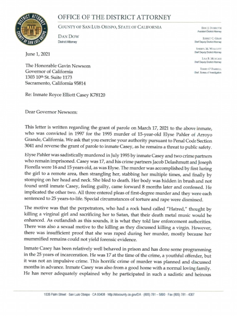 DA Dow Letter To Gov Newsom Re Royce Casey | PDF | Morality | Criminal ...