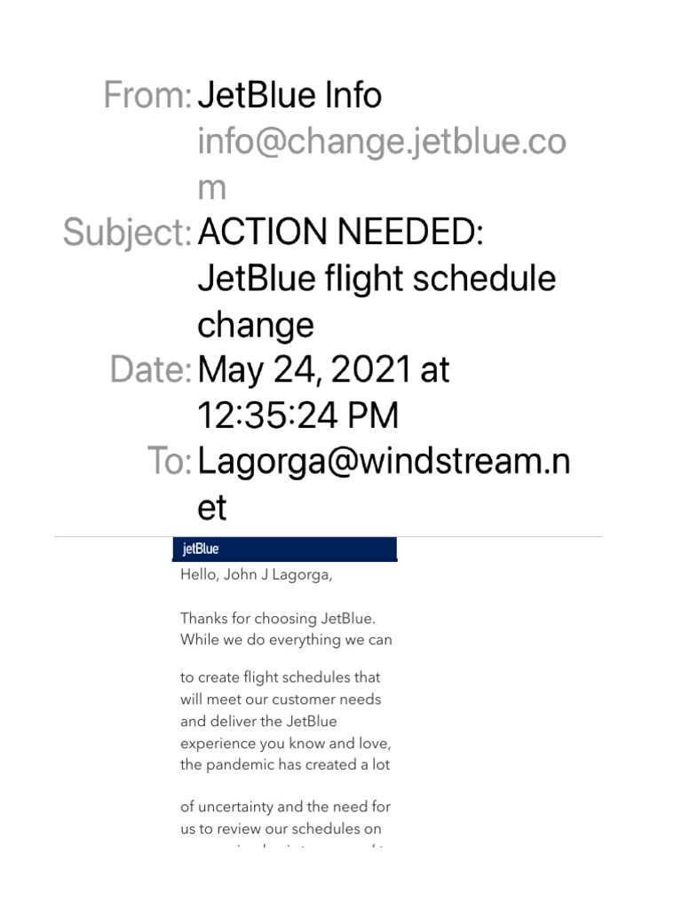 ACTION NEEDED JetBlue Flight Schedule Change | PDF