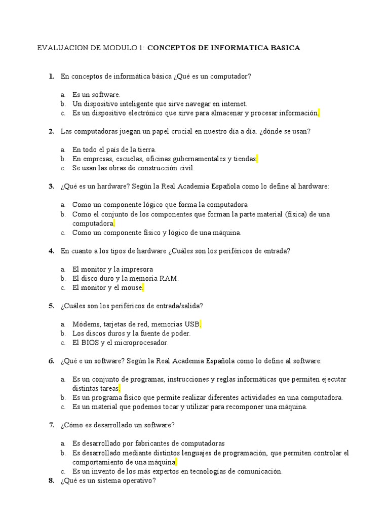 Evaluación sobre conceptos básicos de informática: hardware, software, sistemas operativos y ...