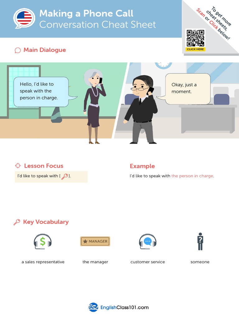Making A Phone Call Conversation Cheat Sheet: Main Dialogue | PDF