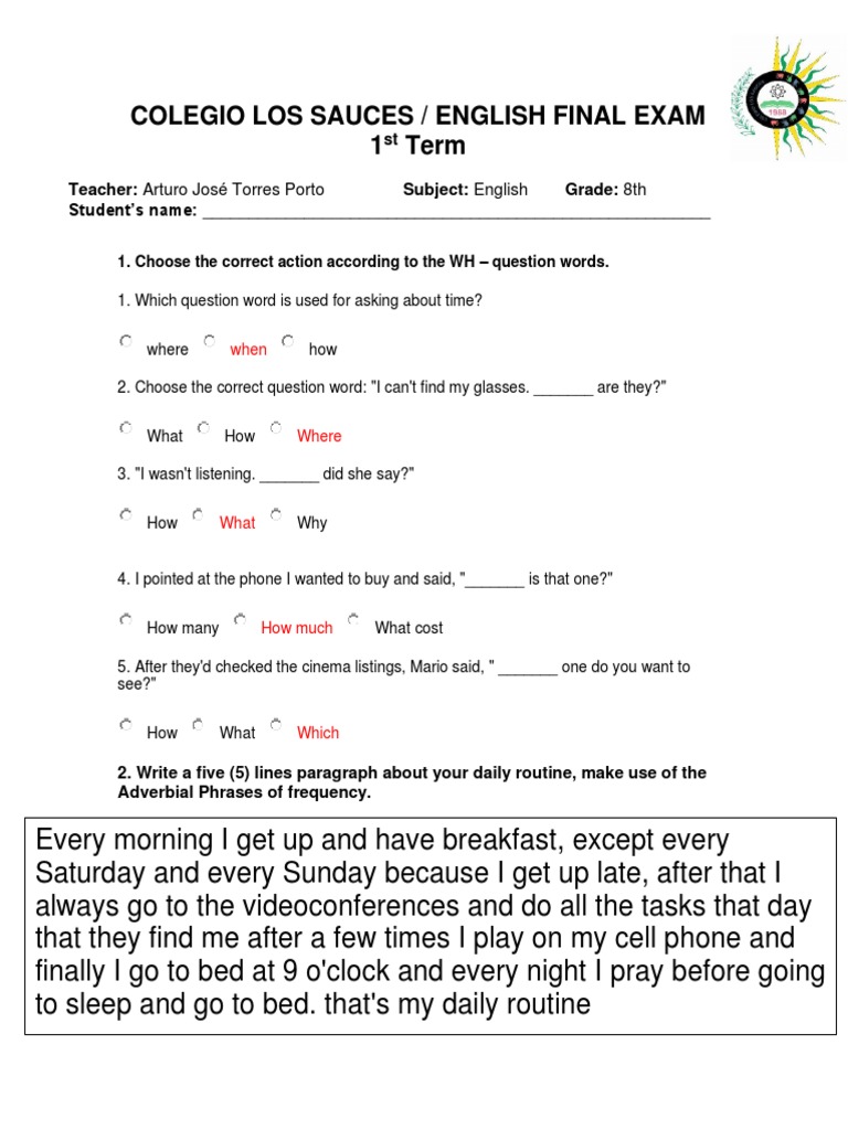FINAL EXAM 8th Grade - FIRST TERM | PDF | Question | Syntax