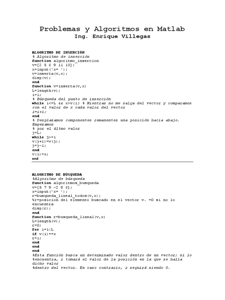 Problemas y Algoritmos en Matlab | PDF | Estructura de datos de matriz | Informática teórica