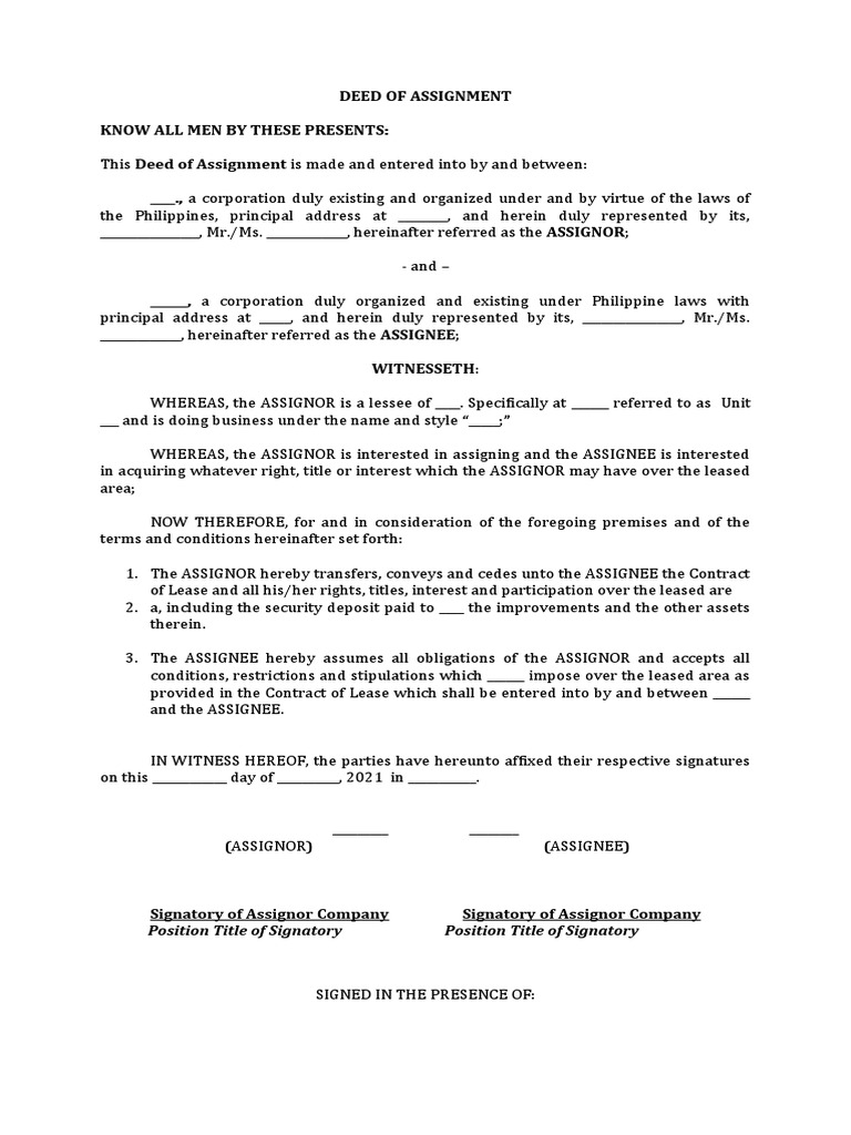 Deed of Assignment Transfer | PDF | Assignment (Law) | Signature