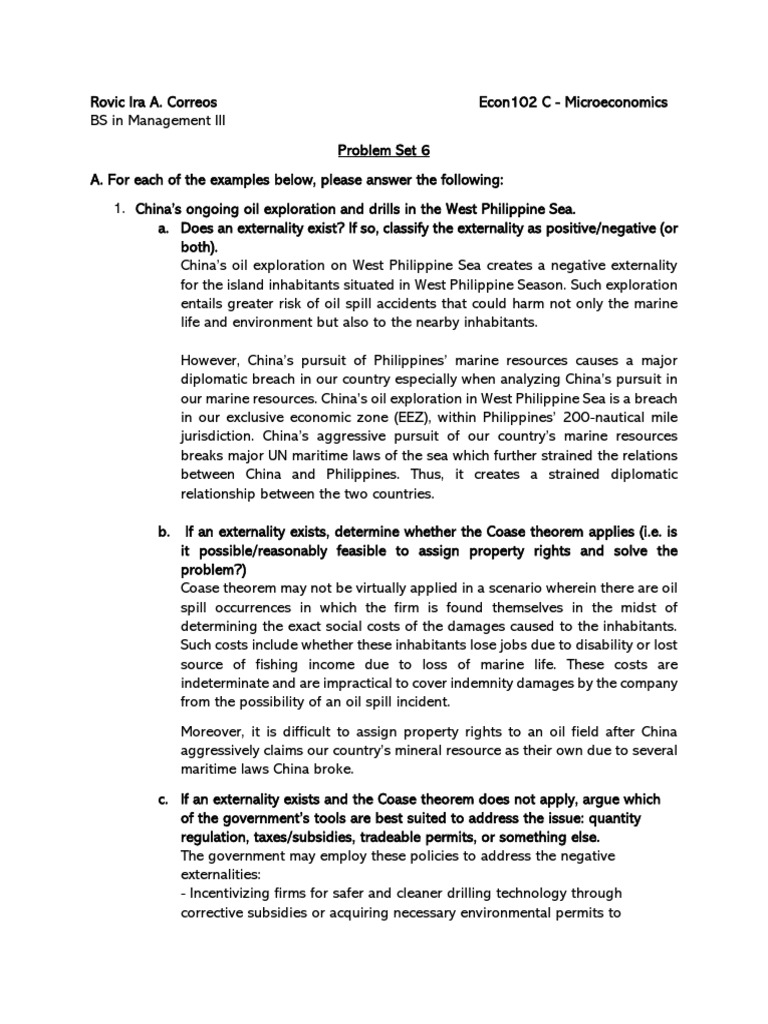 Externalities and Coase Theorem - Problem Set 6 | PDF | Externality | Employment