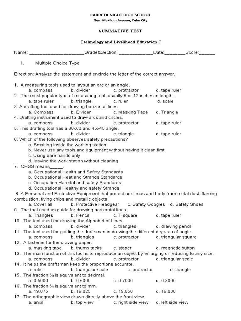 Grade 7 Technical Drawing Test | PDF | Drawing | Triangle