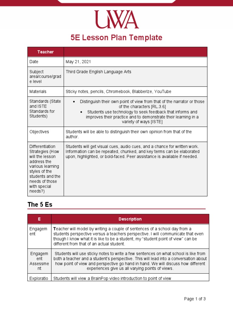 5E Lesson Plan for Third Grade ELA | PDF | Lesson Plan | Narration