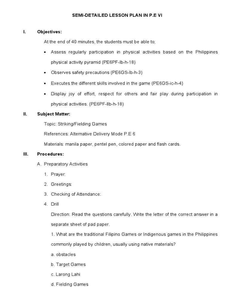 SEMI Detailed Lesson Plan in P.E VI | PDF | Batting (Baseball) | Softball
