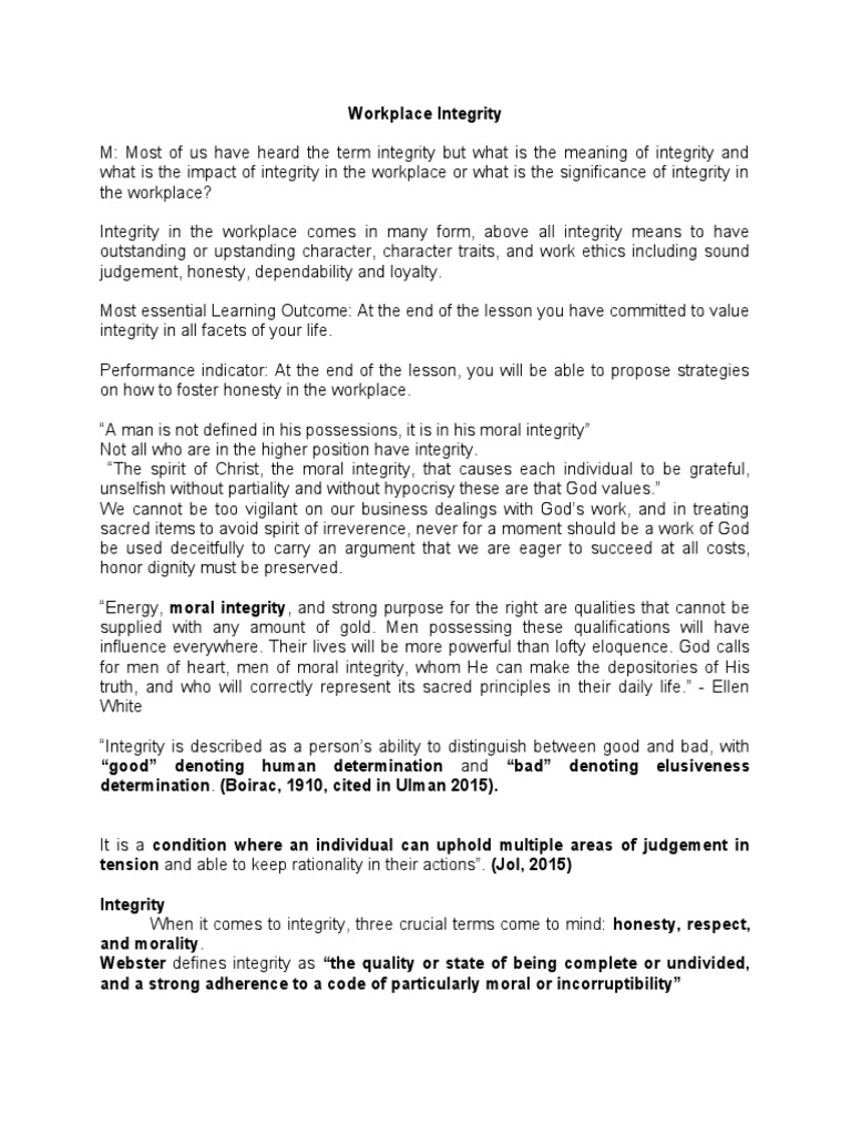Workplace Integrity | PDF | Integrity | Lie