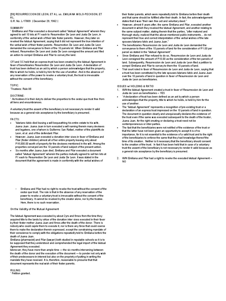 Trust Dispute: De Leon vs. Molo-Peckson | PDF | Wills And Trusts ...