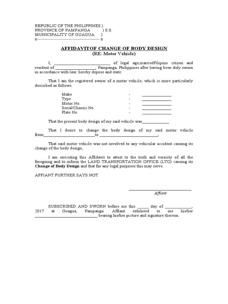 Affidavit of Change of Body Design | PDF