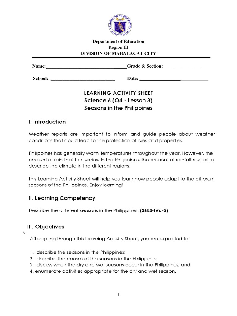 Learning Activity Sheet Science 6 (Q4 - Lesson 3) Seasons in The ...