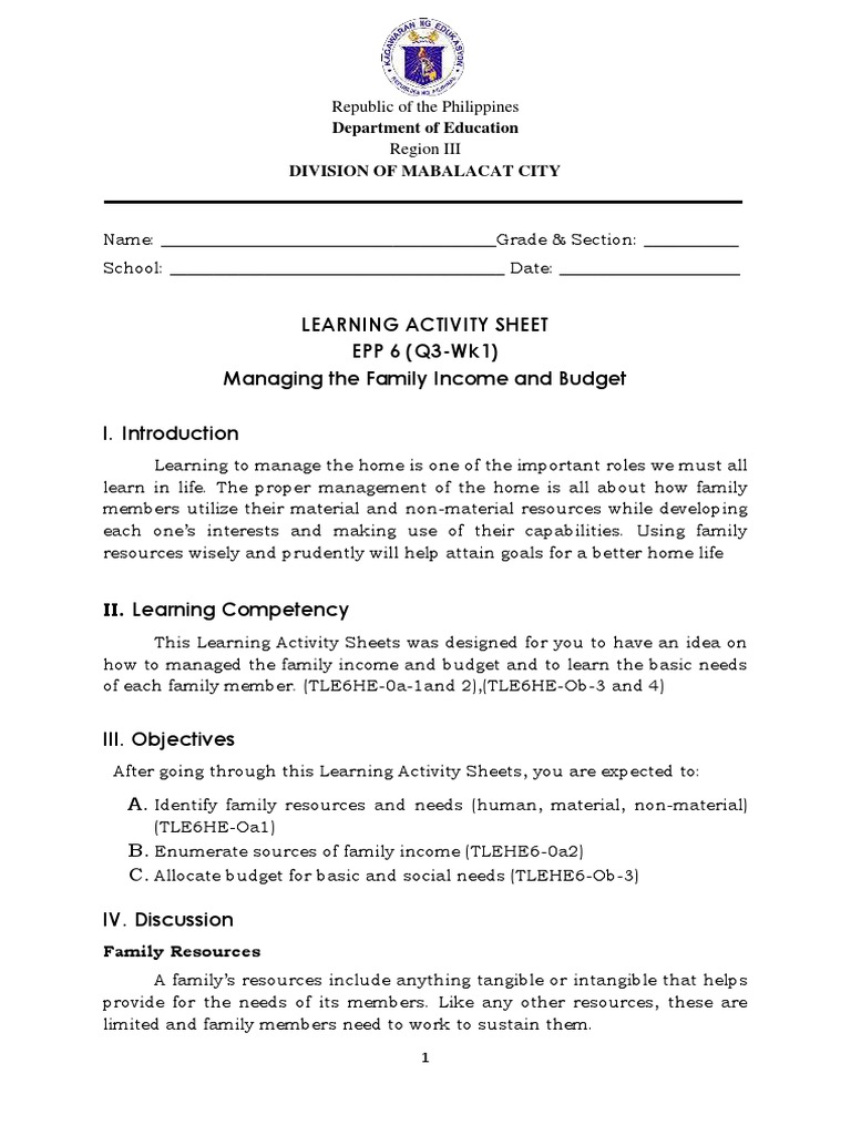 LAS-EPP6-HE-Q3-WK1-FAMILY-INCOME-AND-BUDGET - LRQAfinal | PDF ...