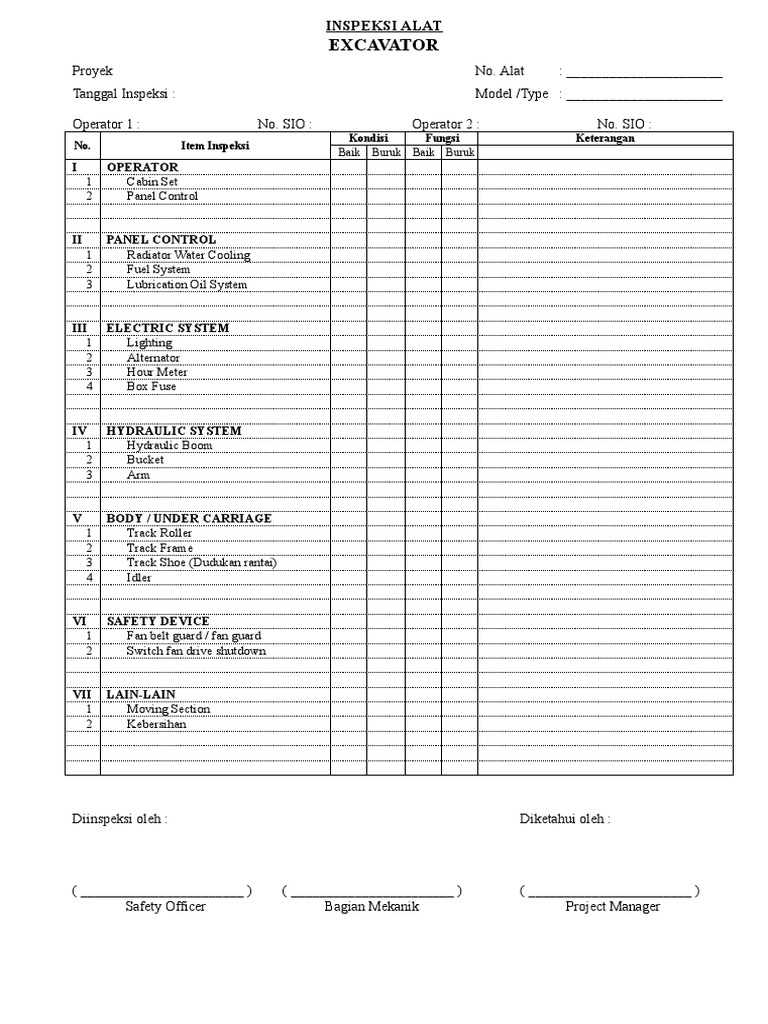 Excavator Inspection Checklist Template | PDF | Home & Garden | Computers