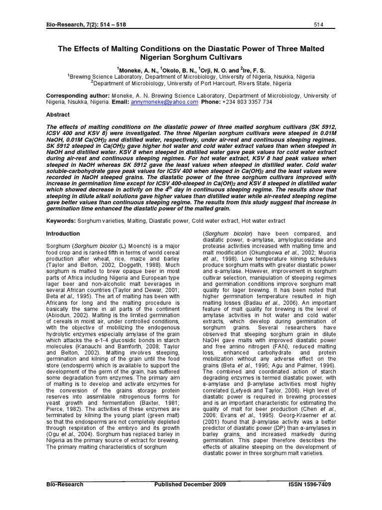 The Effects of Malting Conditions On The Diastatic Power of Three ...