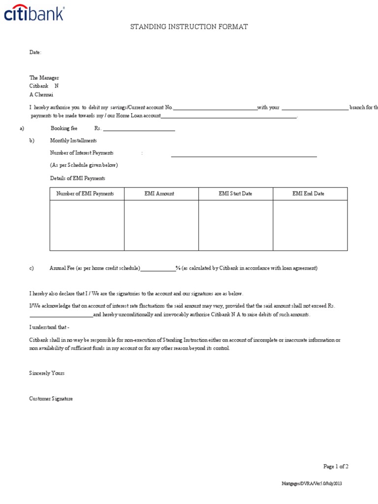 Standing Instruction Format: Mortgages/DVRA/Ver5.0/July2013 | PDF ...