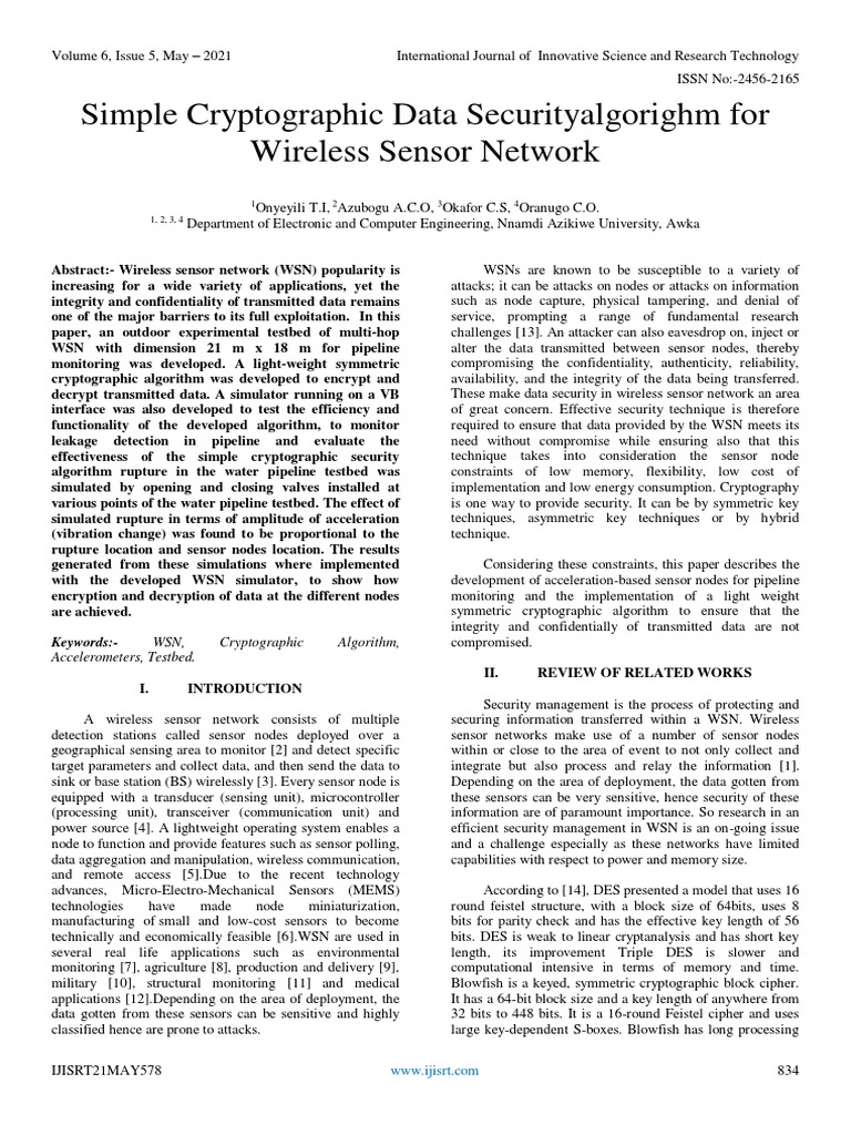 Simple Cryptographic Data Securityalgorighm For Wireless Sensor Network Pdf Wireless Sensor