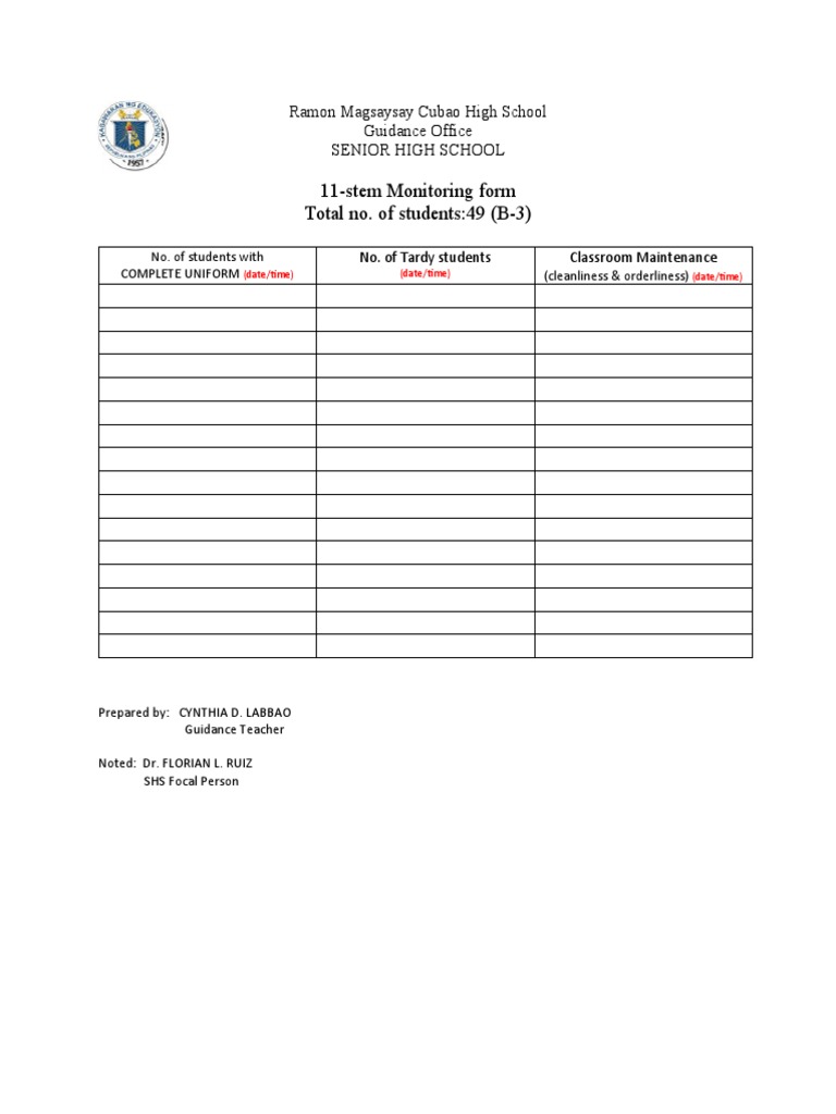 Class Monitoring Form Guidance Pdf