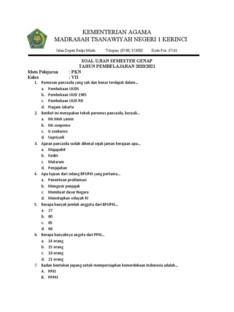 Soal Ujian PPKN Kelas VII | PDF
