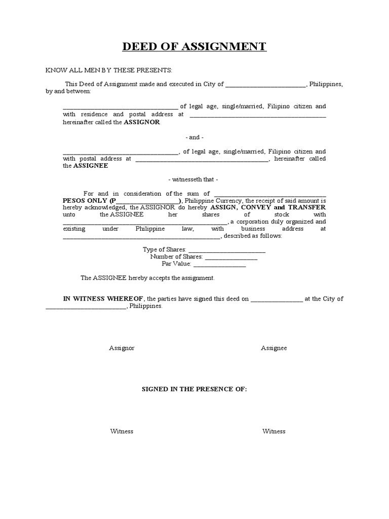 Deed of Assignment - Shares of Stocks SAMPLE | PDF | Assignment (Law) | Property Law