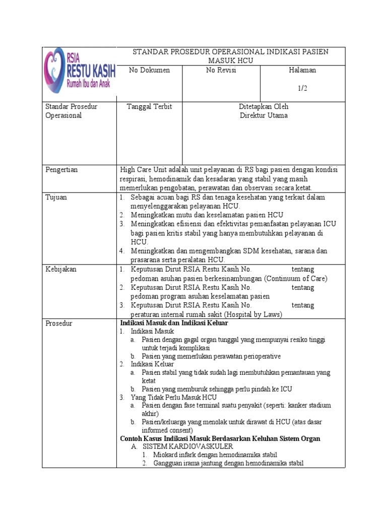 Sop Indikasi Pasien Masuk Hcu | PDF