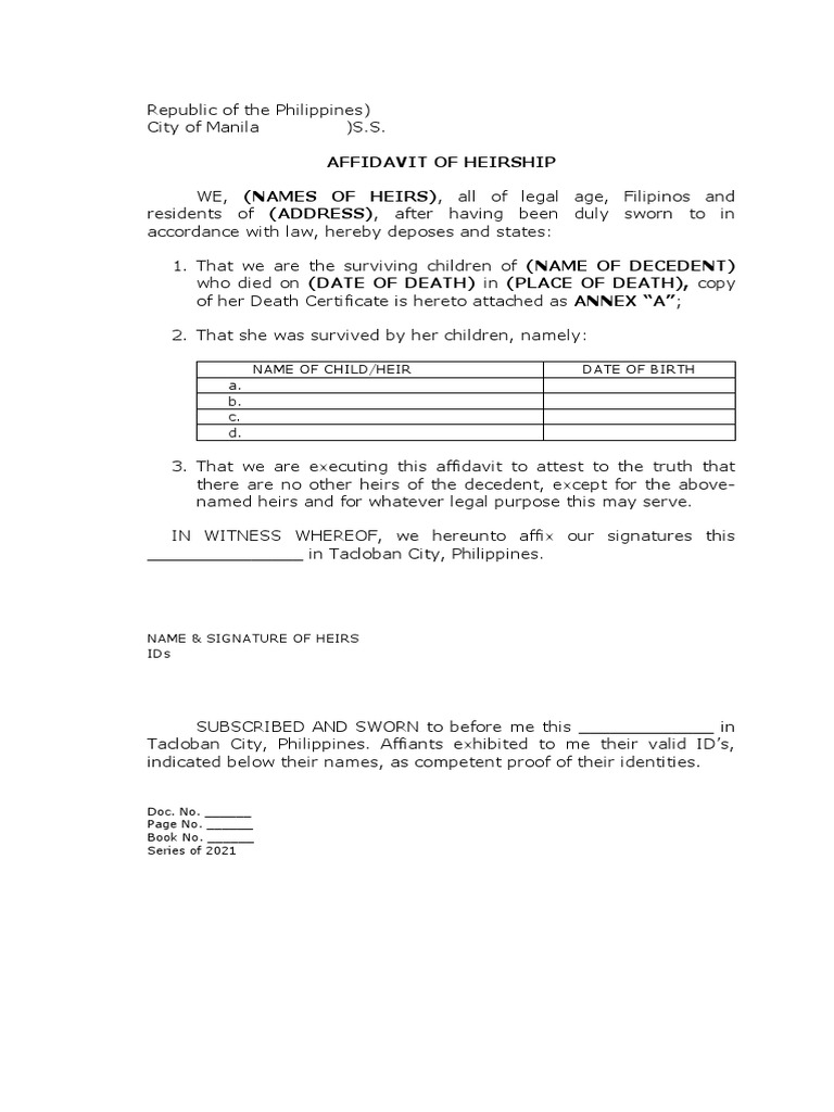 Affidavit of Heirship Template Philippines | PDF | Law