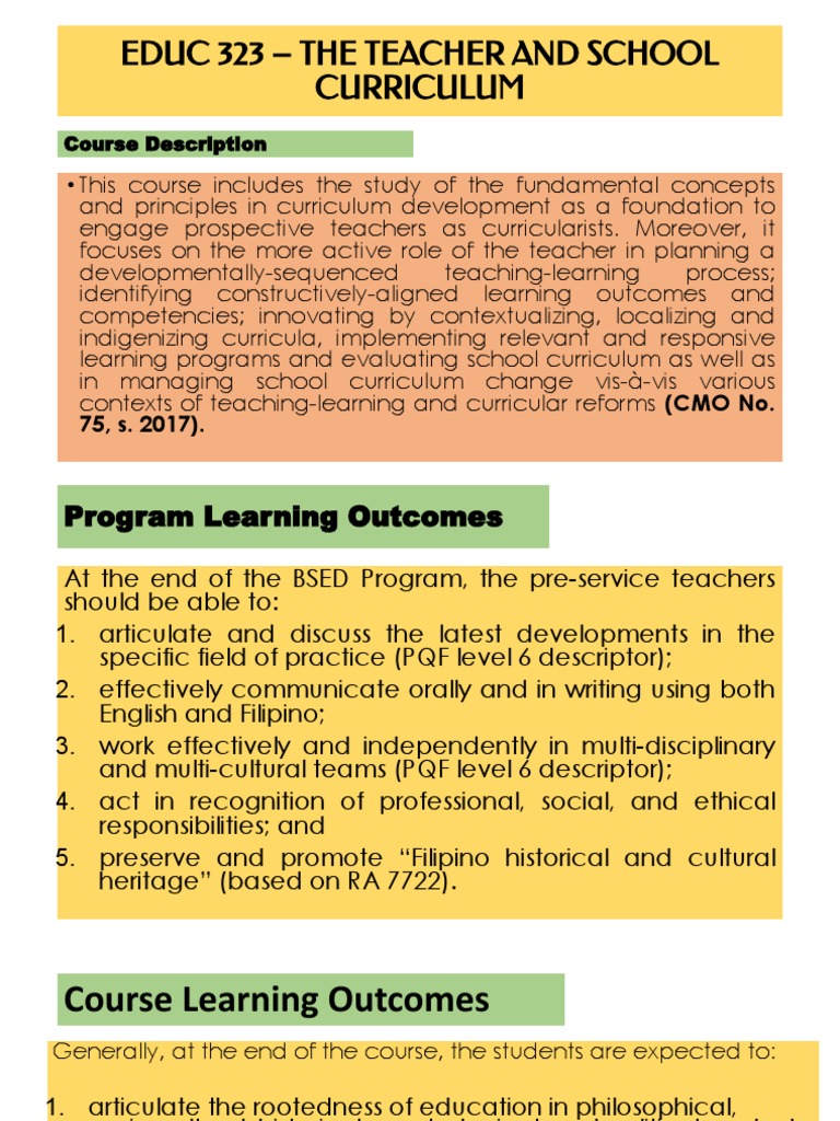 Educ 323 - The Teacher and School Curriculum: Course Description ...