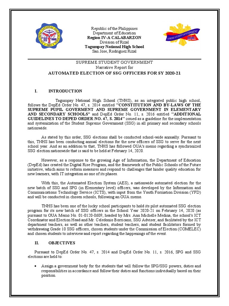 Narrative Report For Automated Election of SSG Officers For SY 2020-21 ...