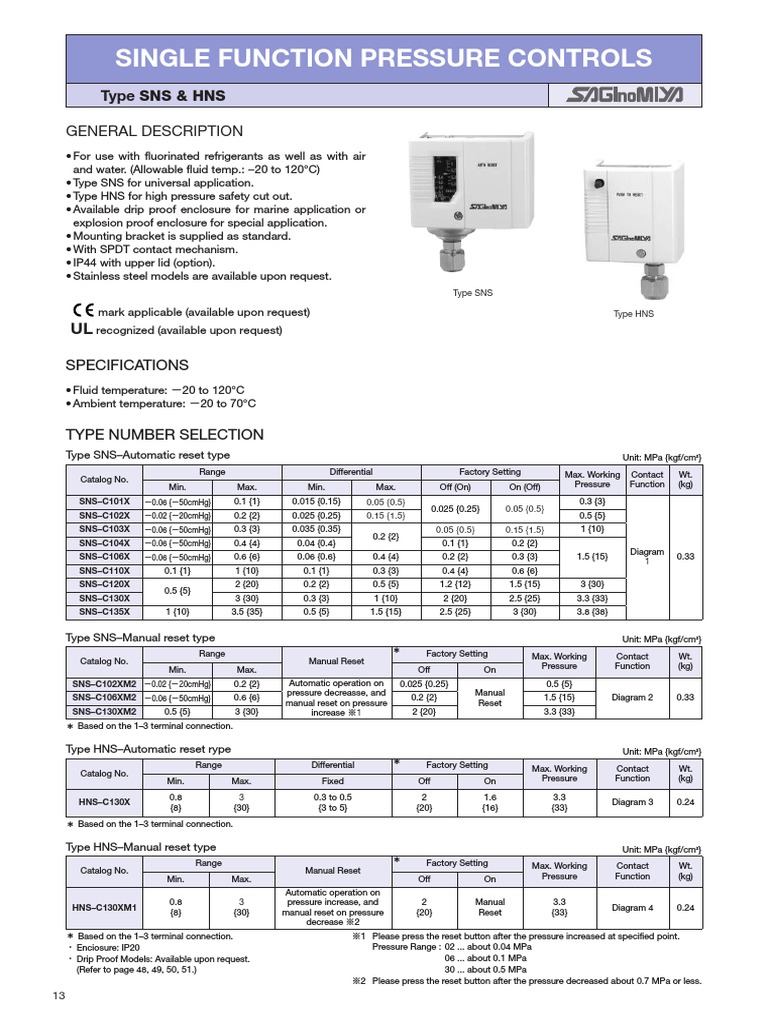 Saginomiya SNS Pressure Switch Manual | PDF | Screw | Switch
